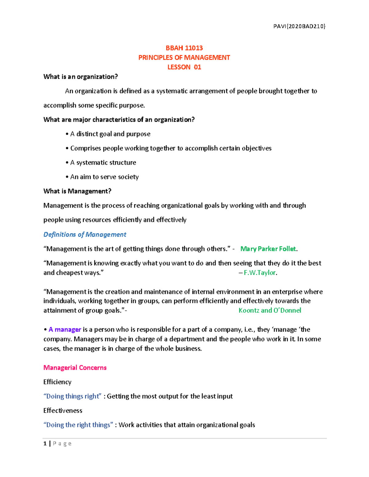 H 01 - principles of management introduction to oraganizations and ...