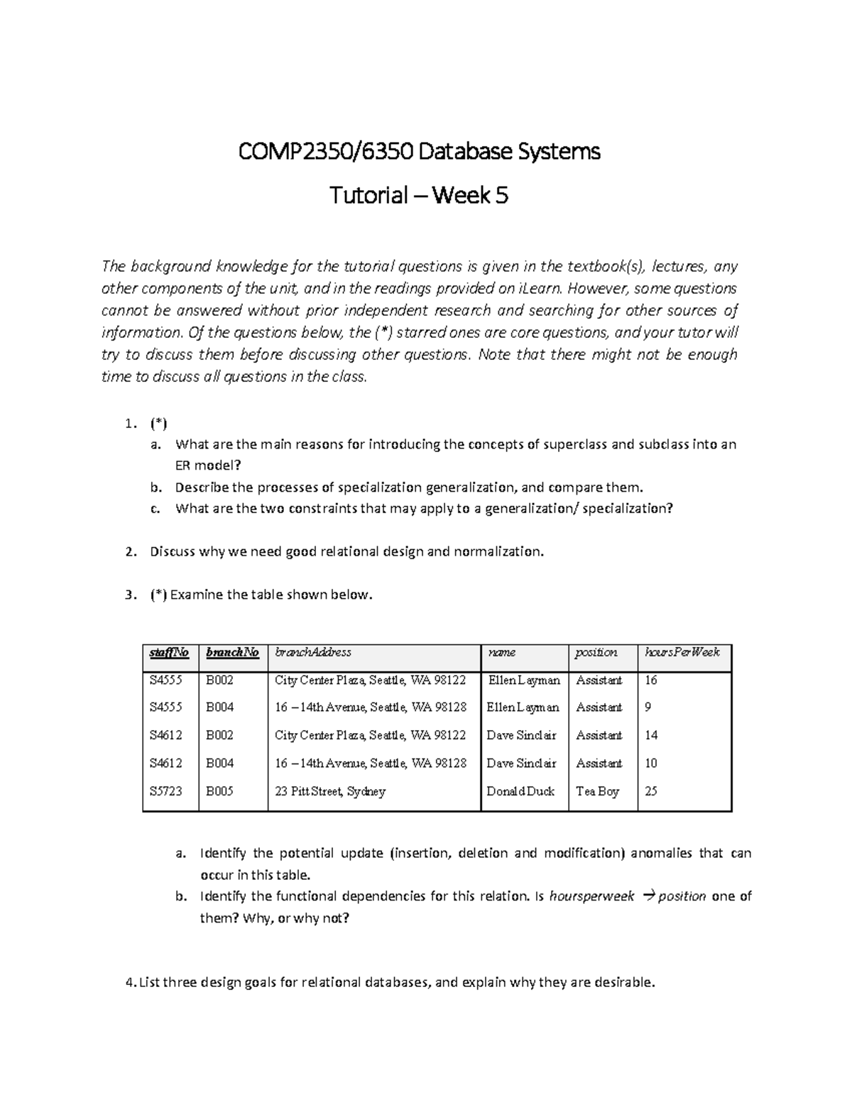 Week 5 Tutorial - COMP2350/6350 Database Systems Tutorial – Week 5 The background knowledge for ...
