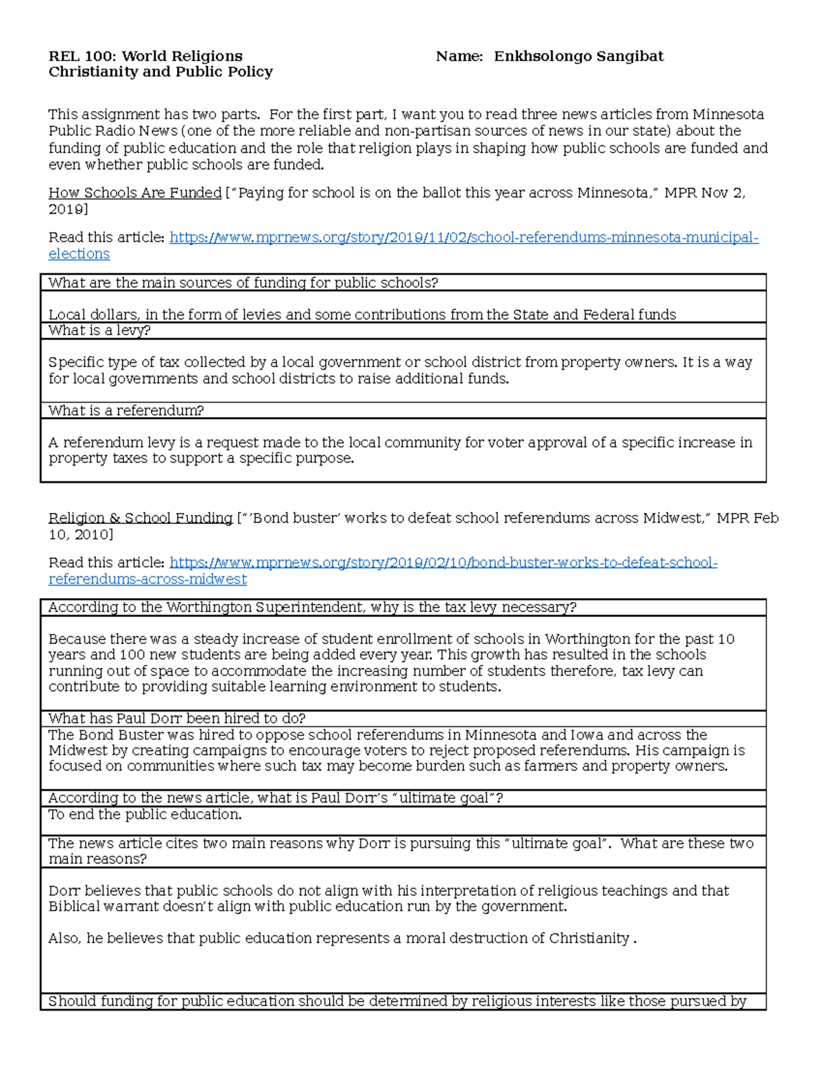 Christianity and Public Policy - REL 100: World Religions Name ...
