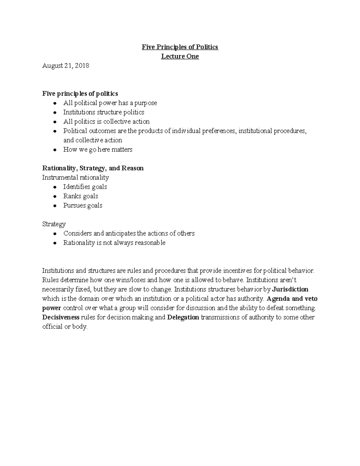 Lecture notes week one - Five Principles of Politics Lecture One August ...