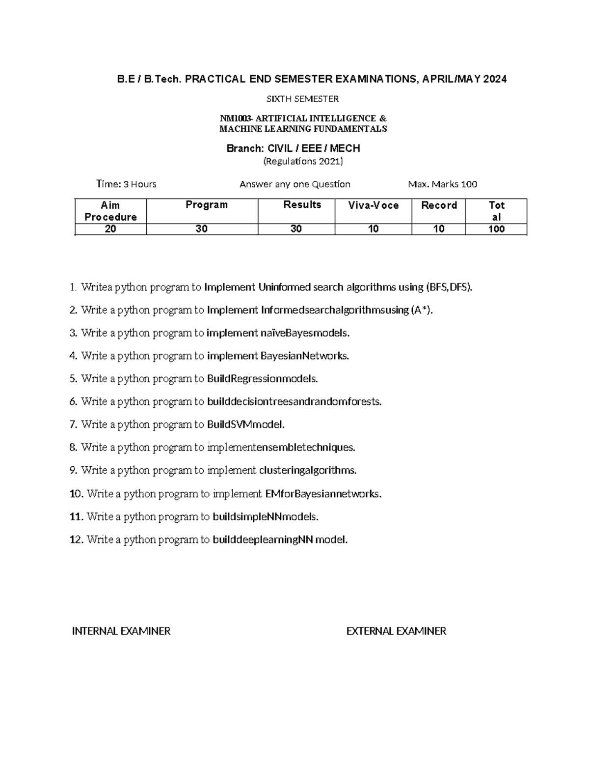 AI & ML - LAB QUESTION SET - B / B. PRACTICAL END SEMESTER EXAMINATIONS, APRIL/MAY 2024 SIXTH ...