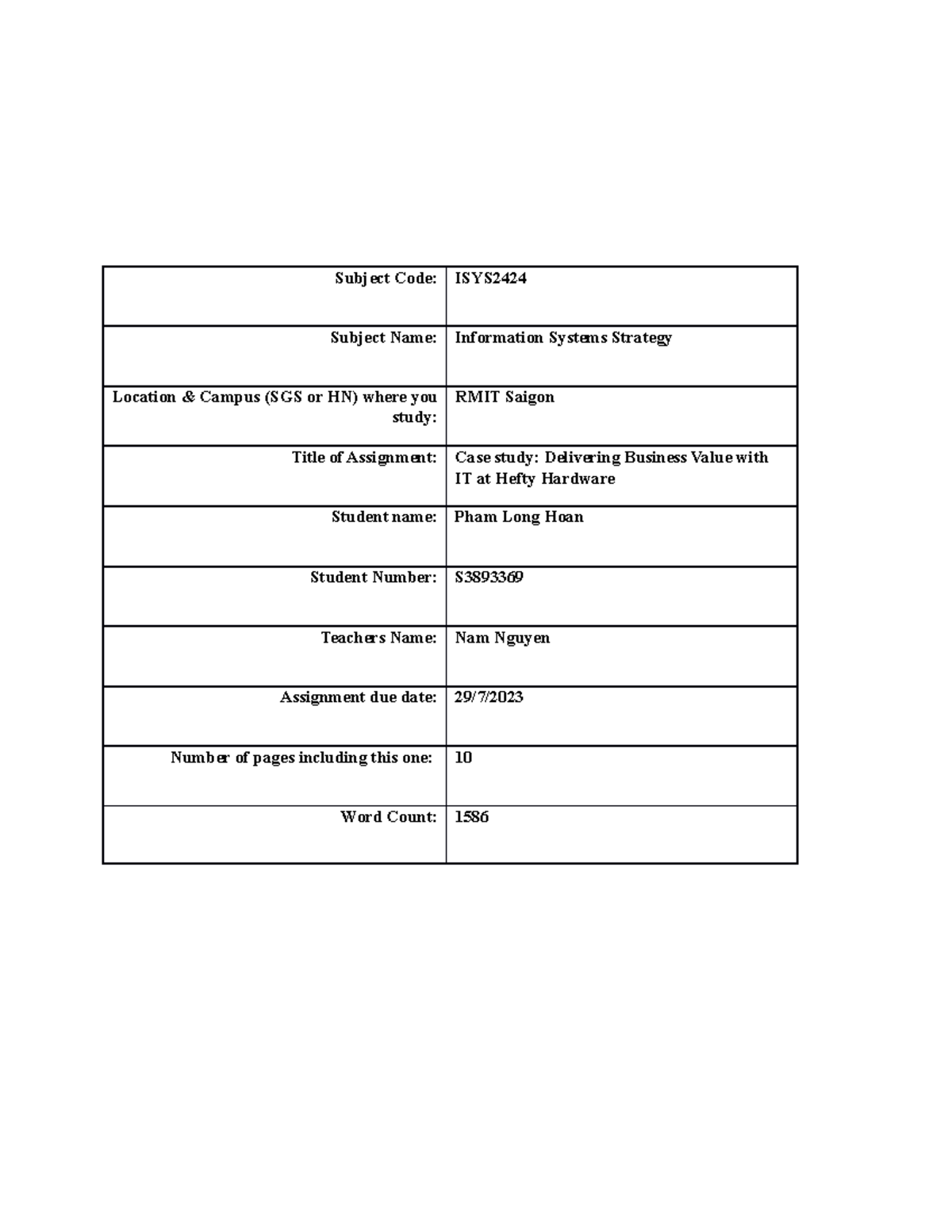 ISYS2424 Assignment 1 - Subject Code: ISYS Subject Name: Information Systems Strategy Location ...
