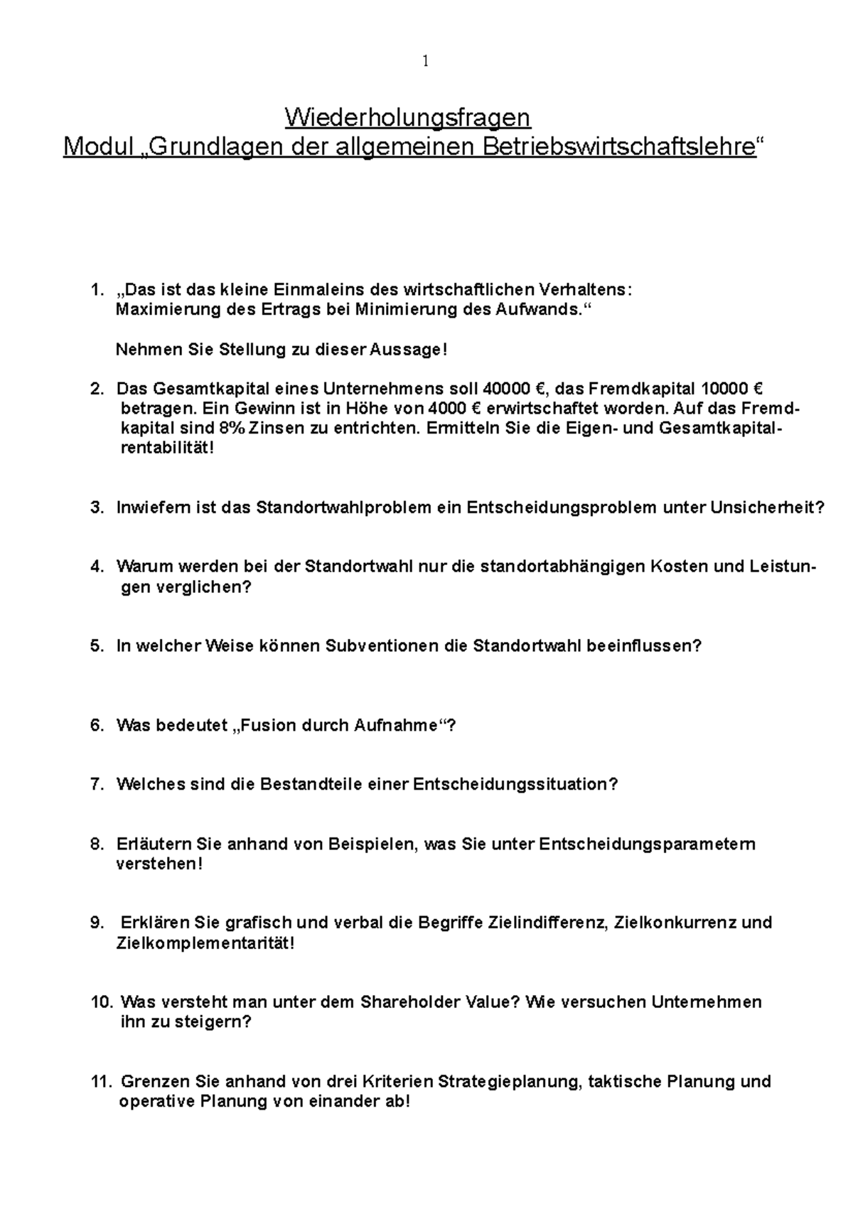 Klausur 4 Mai Sommersemester 2015, Fragen und Antworten - 1 Wiederholungsfragen Modul ...
