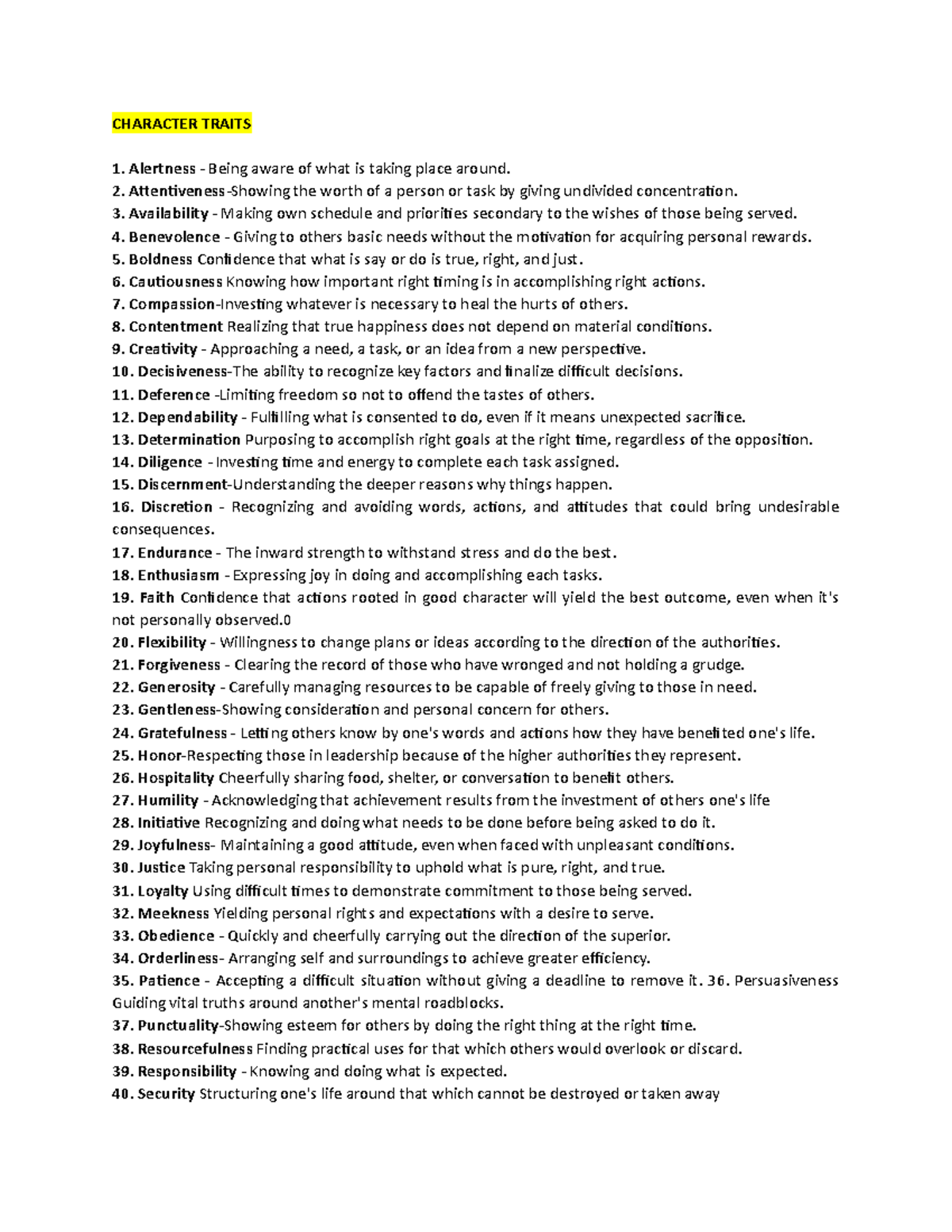 CFLM - sadsa - CHARACTER TRAITS Alertness - Being aware of what is ...