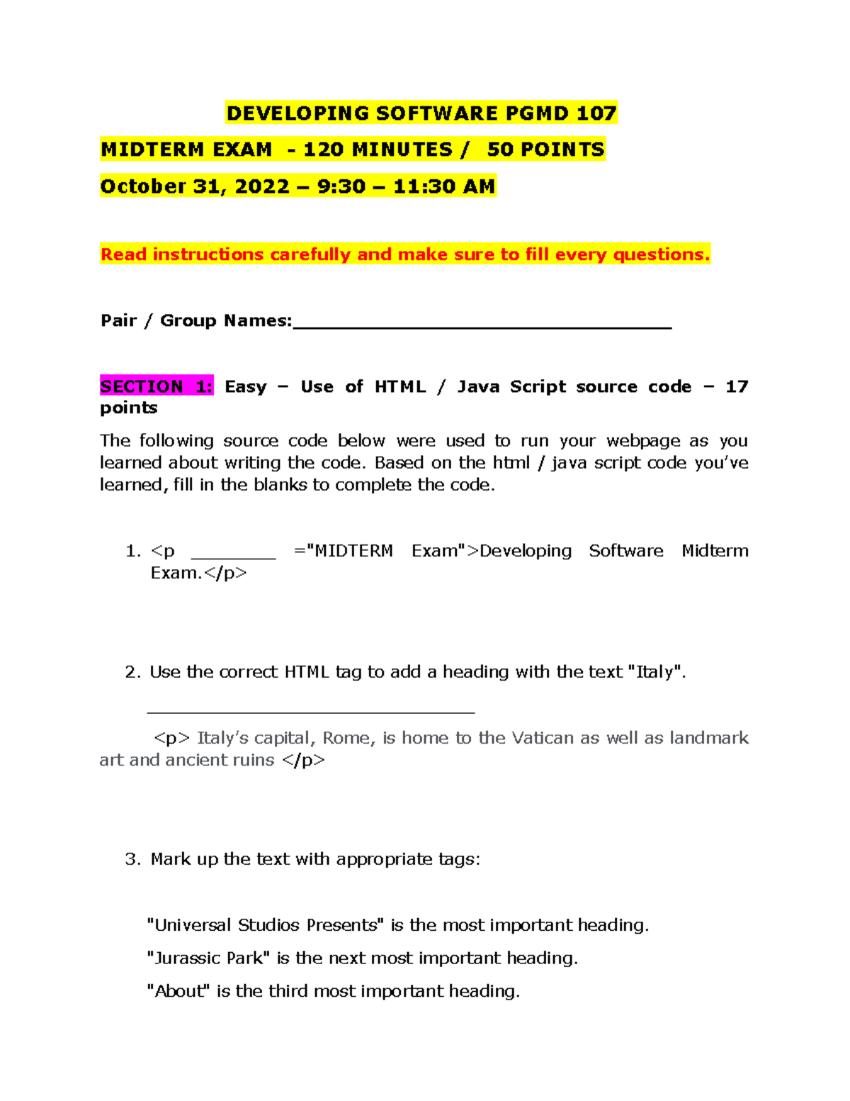 Learn to Program Midterm Exam - DEVELOPING SOFTWARE PGMD 107 MIDTERM ...