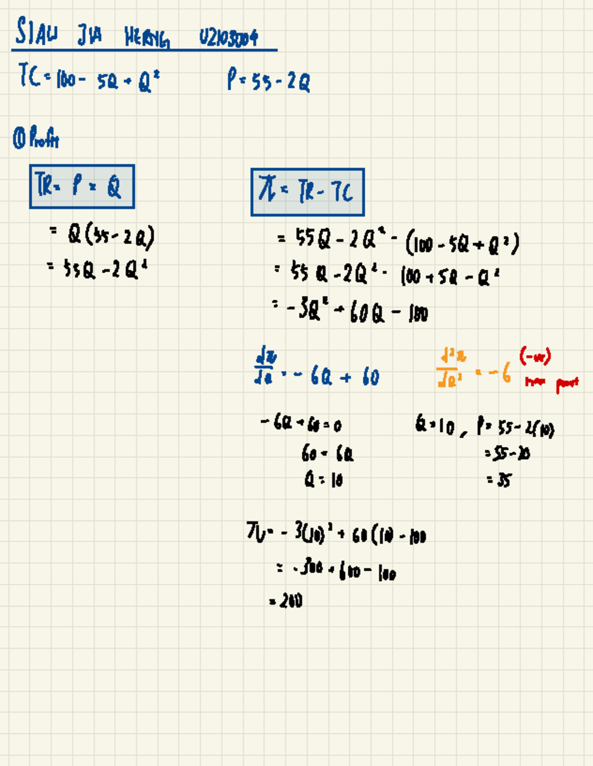 Week 2 Exercise 1 - SIAN JI HERNG U T2 = 100 - 50 + Q2 P=55-2Q ⑪ Profit ...