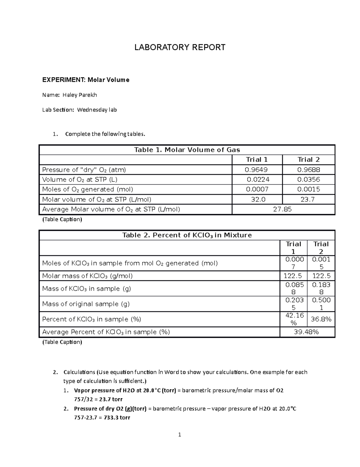 Exp 13 Molar Volume Calculations - LABORATORY REPORT EXPERIMENT: Molar ...