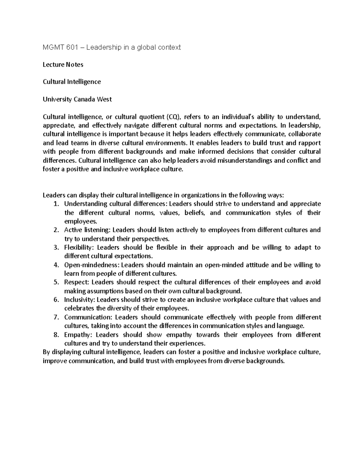 MGMT 601 - 2 - Professor Rafia Faiz lecture notes about situational ...