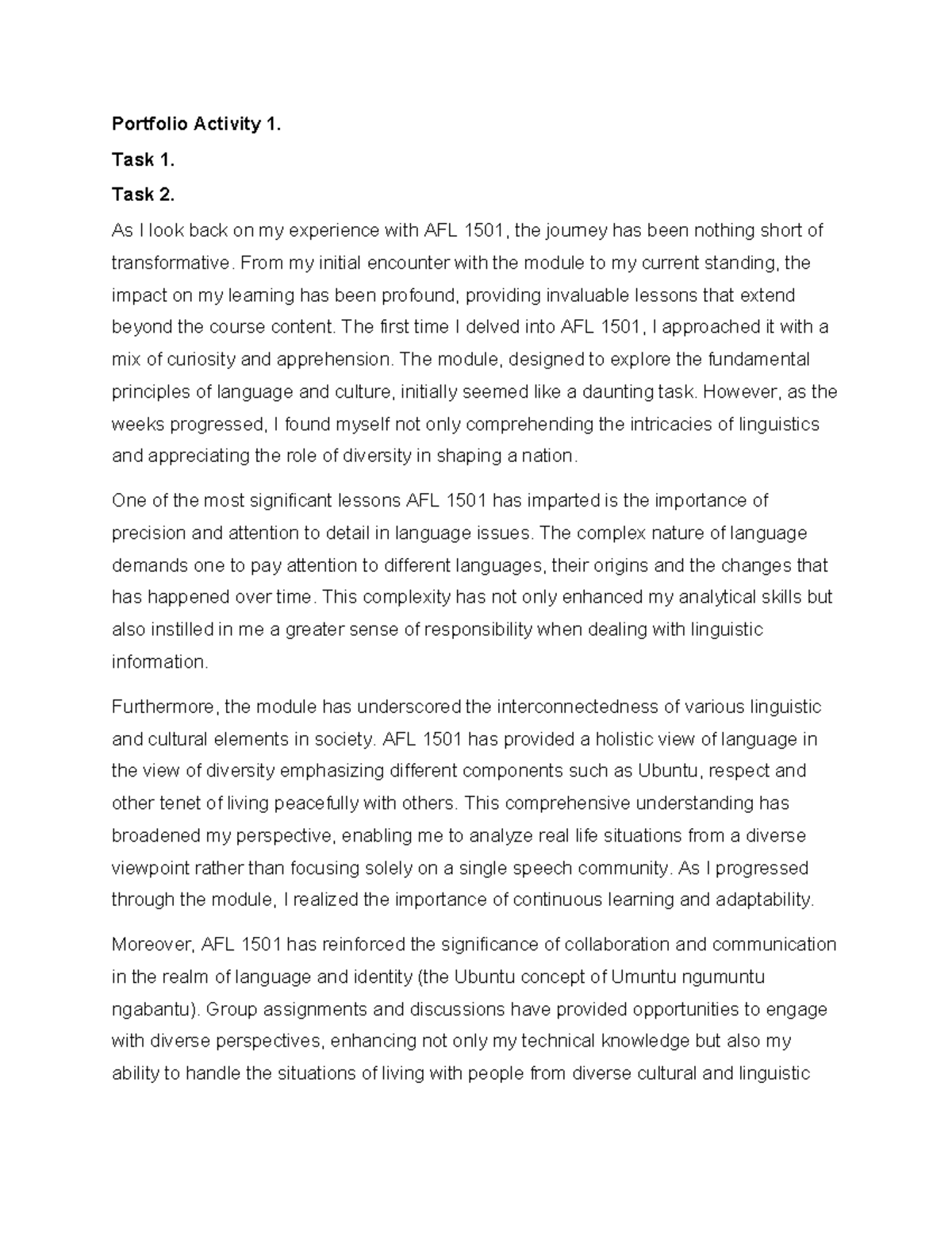 AFL 1501 Portfolio Sem 2 2023 - Portfolio Activity 1. Task 1. Task 2. As I look back on my - Studocu