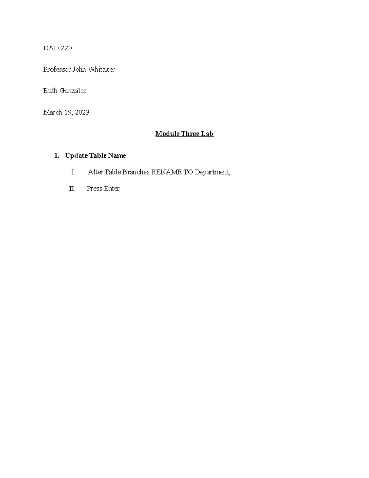 Module three lab - COURSEWORK - DAD 220 Professor John Whitaker Ruth ...