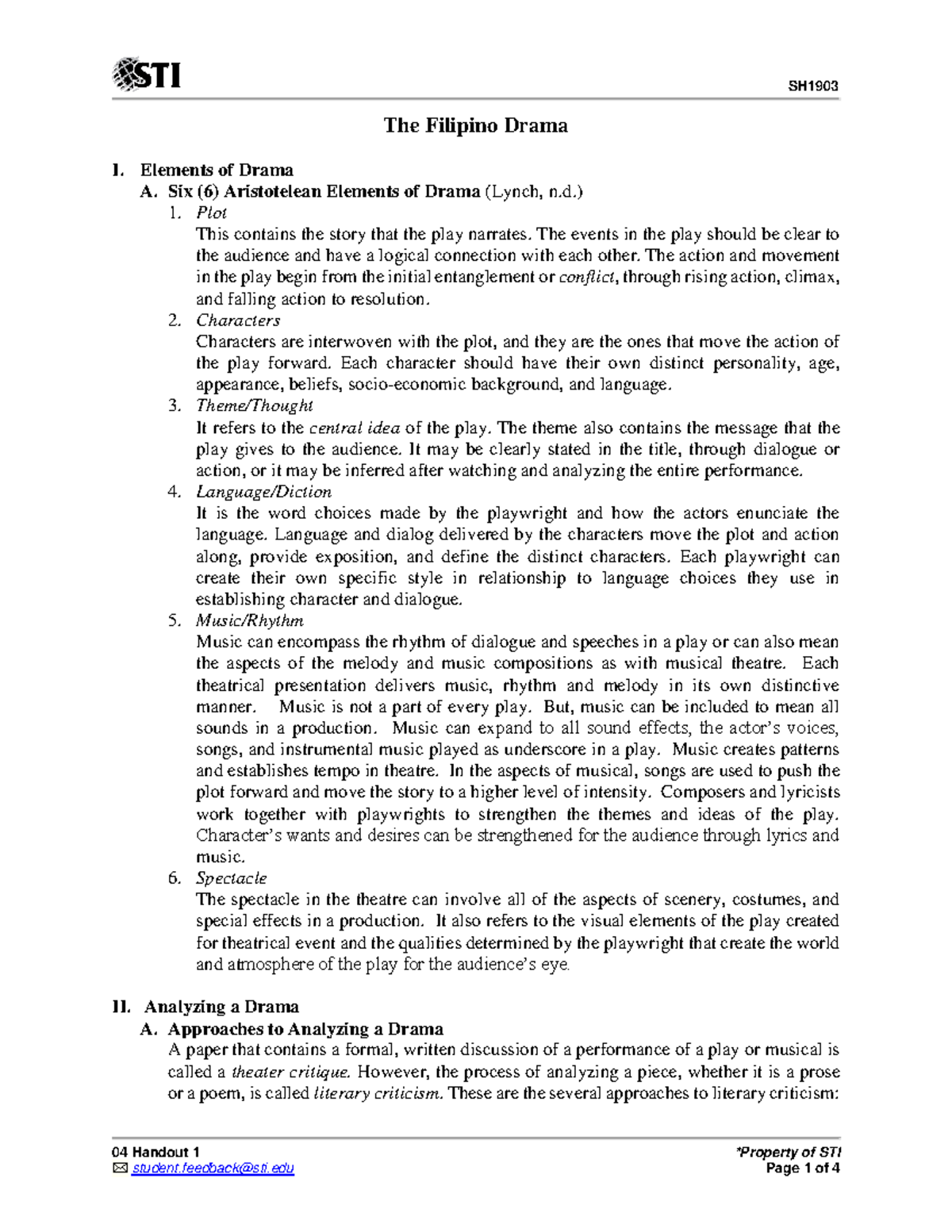 G11-04 Handout 1 - 04 Handout 1 *Property of STI The Filipino Drama I ...