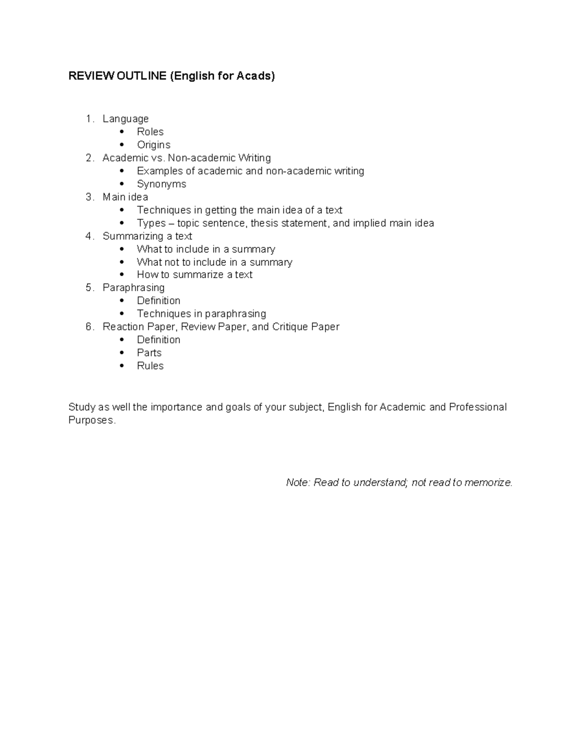 Review-Outline - A Review outline of ENGLISH FOR ACADEMIC subject ...