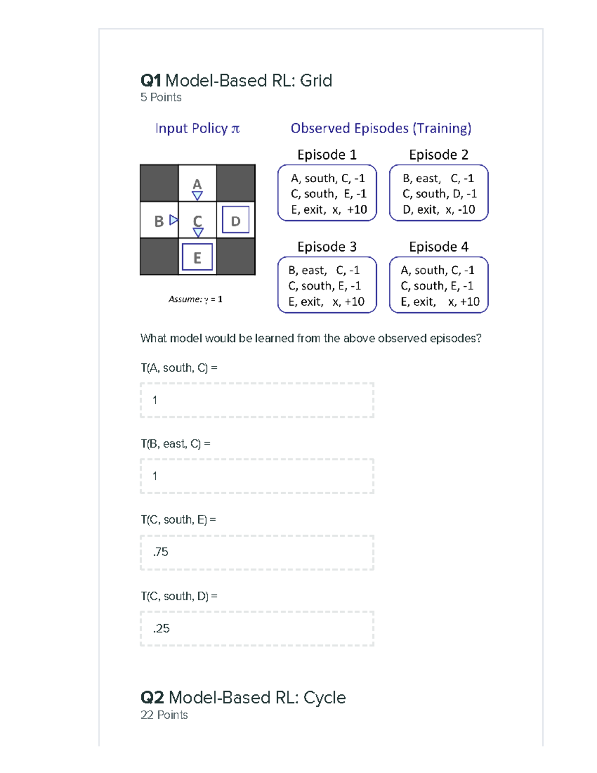 HW Elec 05 - sdf - Q1 Model-Based RL: Grid 5 Points What model would be ...