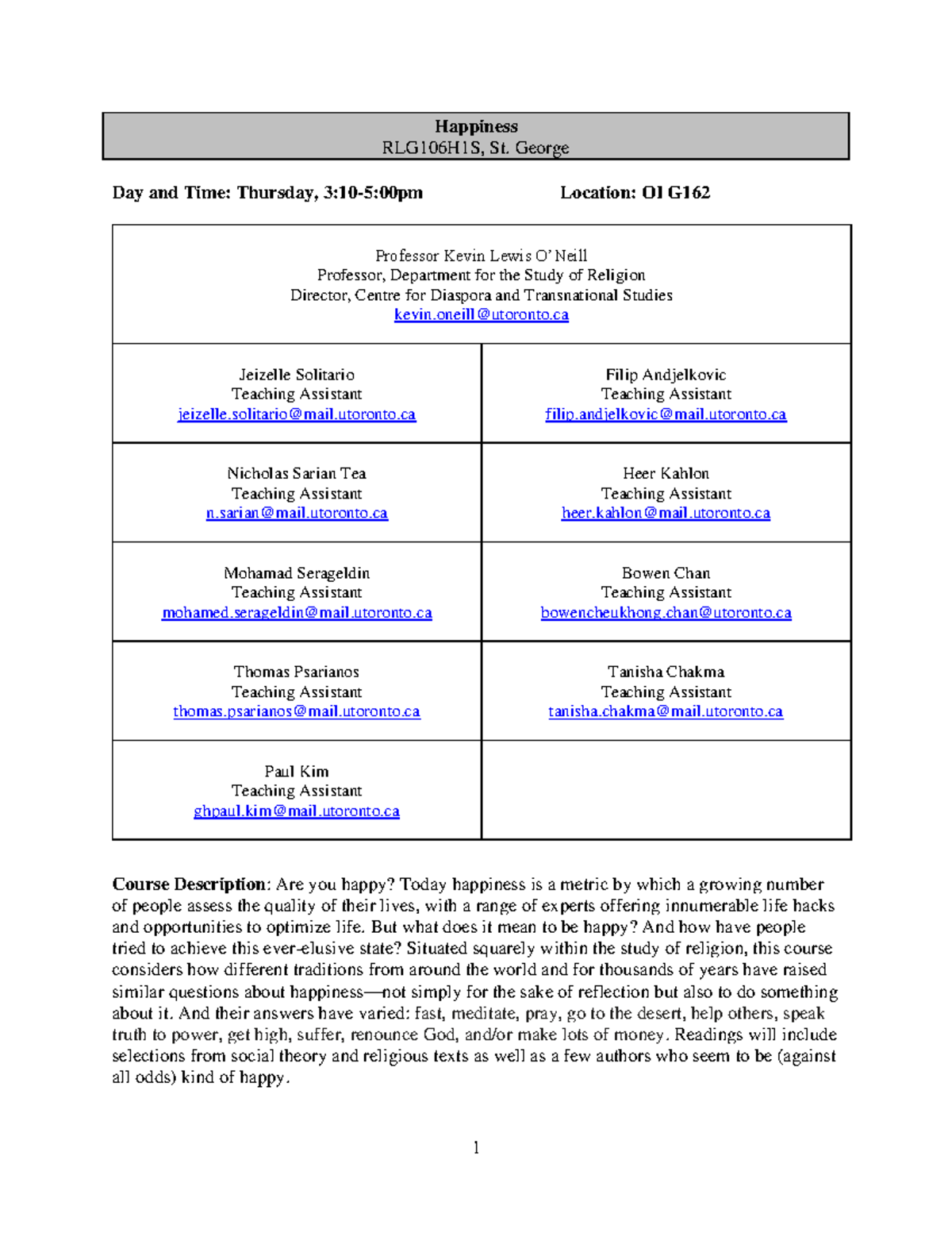 Religion Syllabus - Happiness RLG106H1S, St. George Day and Time ...