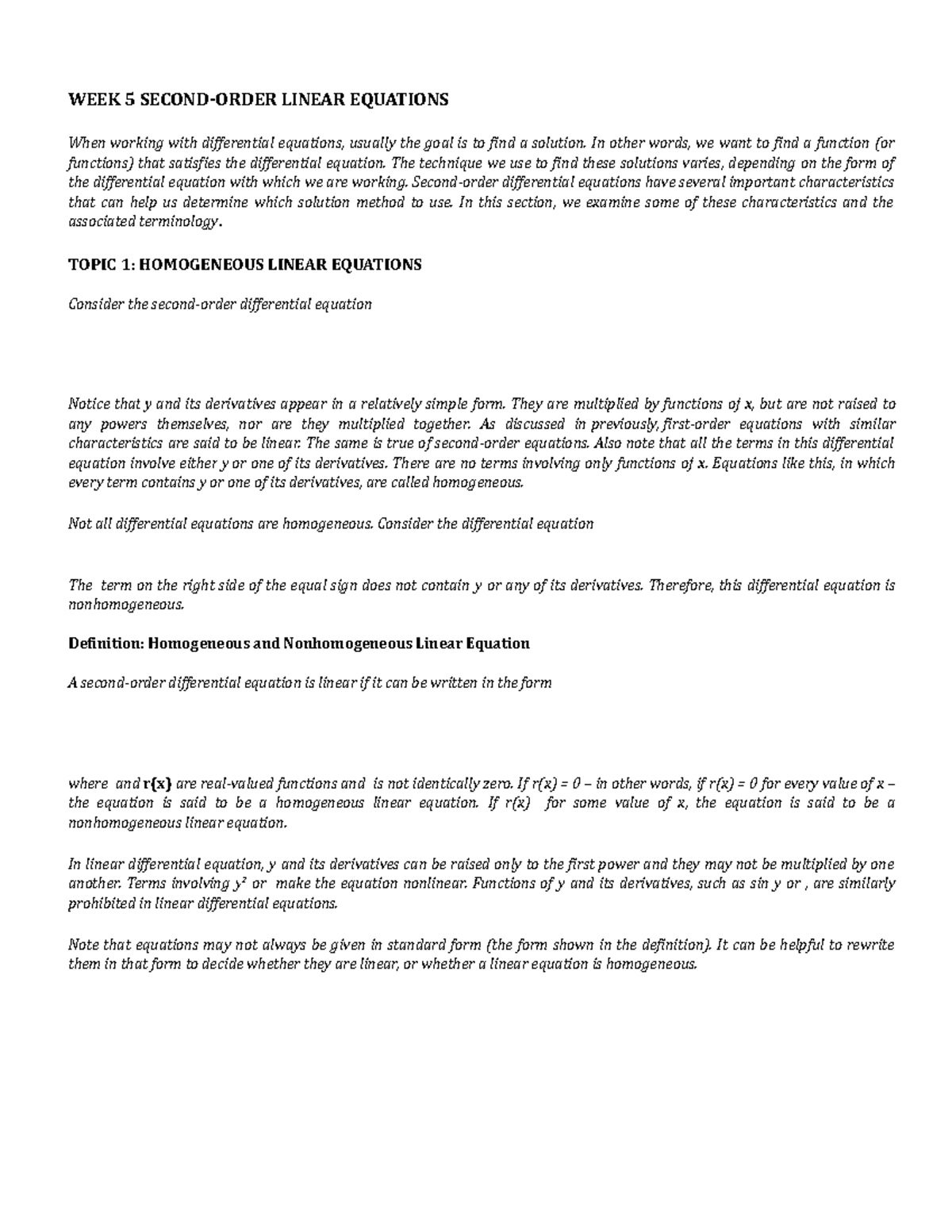 CAL - 3 Module 5 Second-Order Linear Equations - WEEK 5 SECOND-ORDER ...