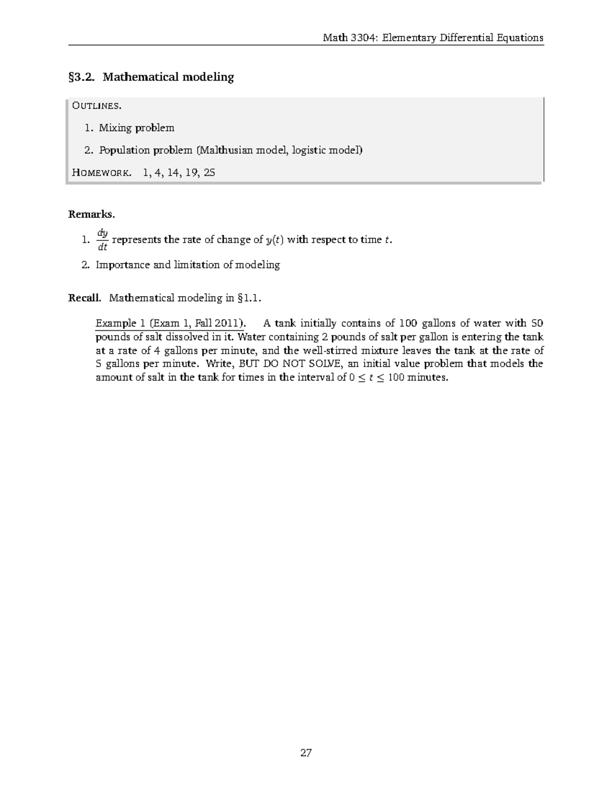 Math3304 Section 3-2 - Lecture notes 3.2 - §3. Mathematical modeling ...