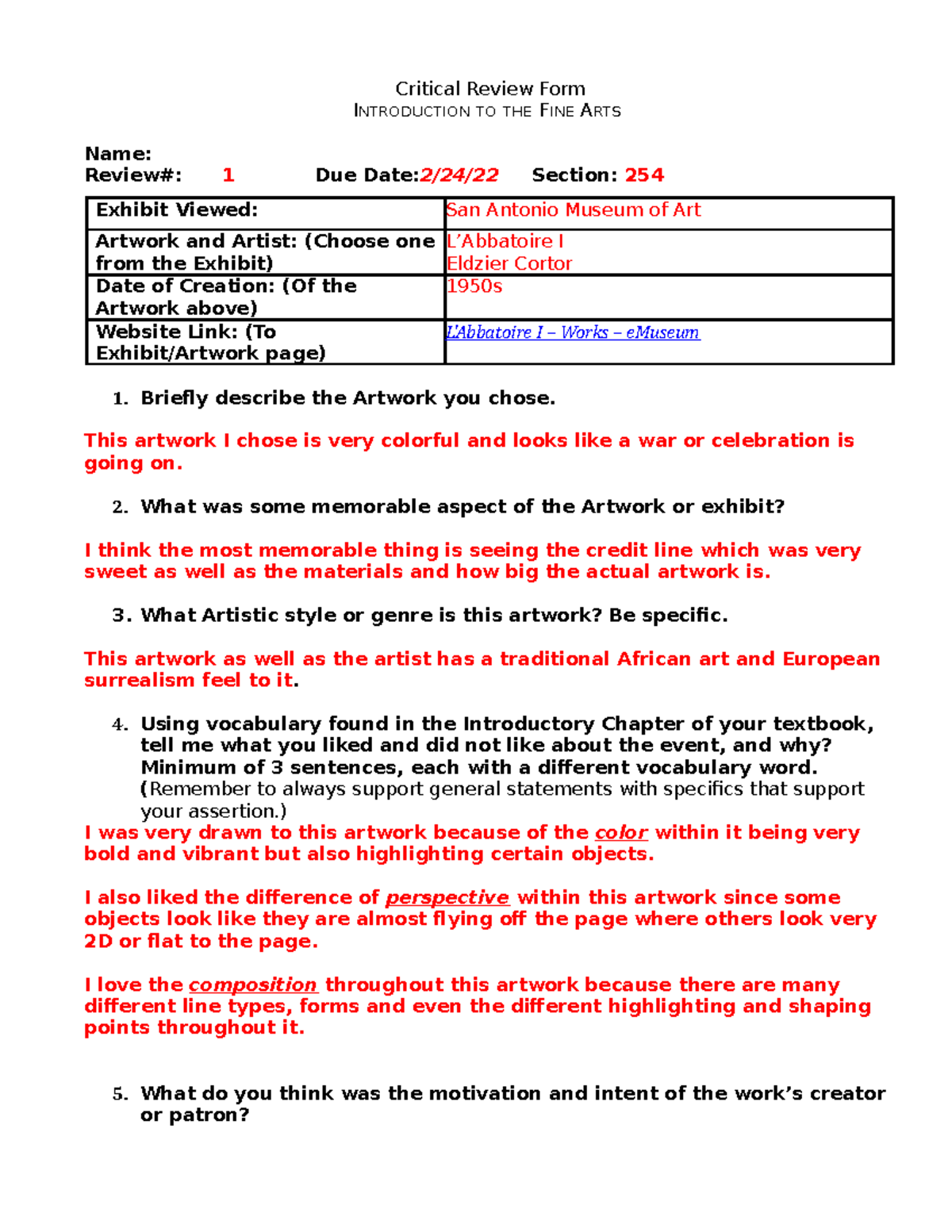 Art Critical Review - Critical Review Form INTRODUCTION TO THE FINE ...