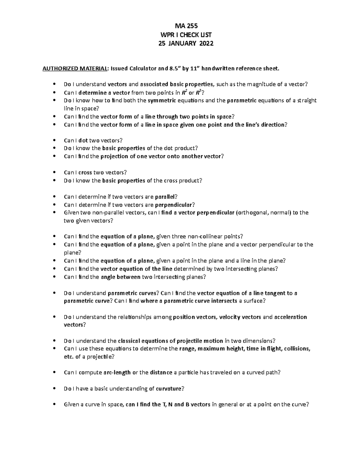 WPR 1 Checklist - yup - MA 255 WPR I CHECK LIST 25 JANUARY 2022 ...