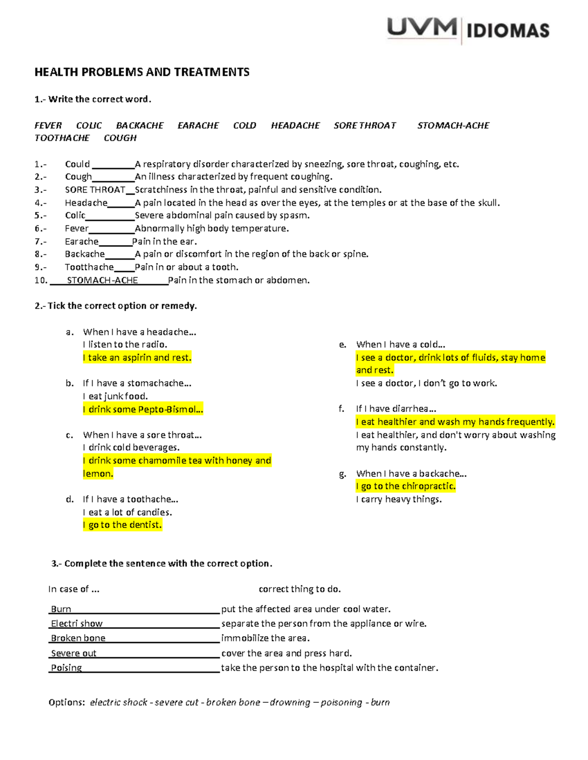 Level 2 - Unit 3 week 4 Worksheet 1 practica en clase - HEALTH PROBLEMS ...