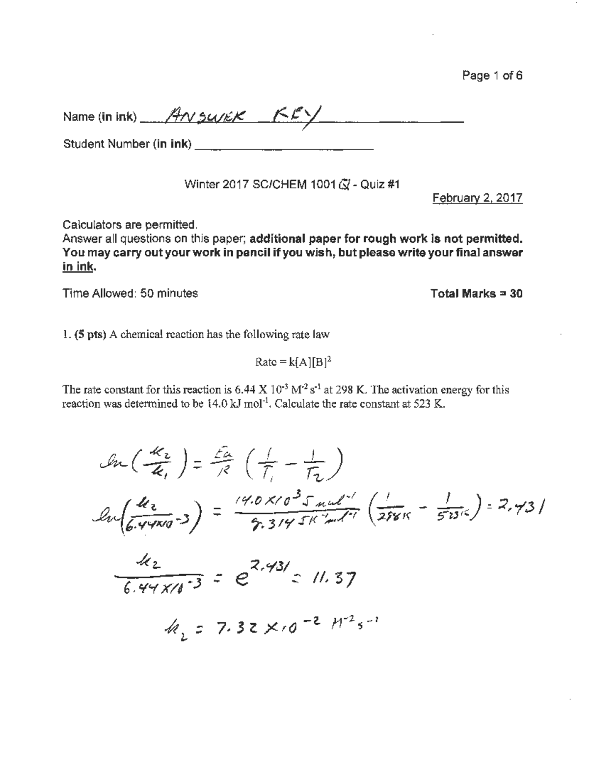 CHEM 1001 Q Quiz 1 Answer Key - Page 1 of 6 Name (in ink) _ I Student ...
