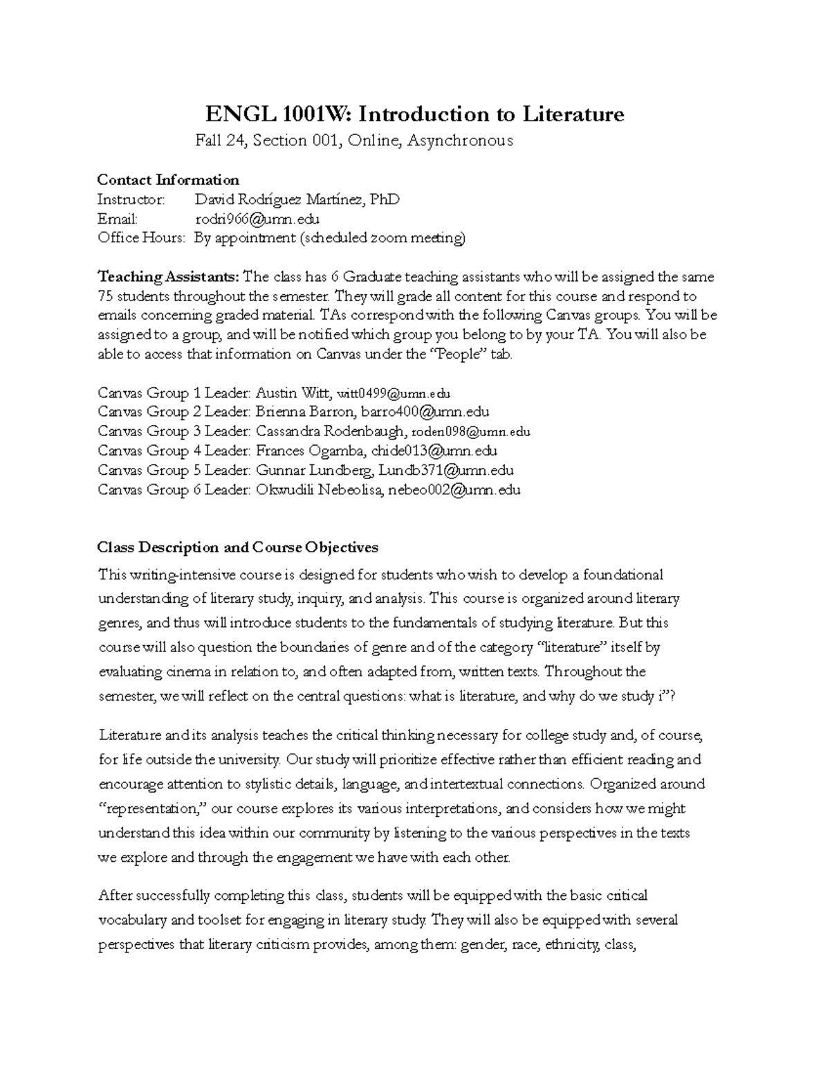 ENGL 1001 W Syllabus - ENGL 1001W: Introduction to Literature Fall 24 ...