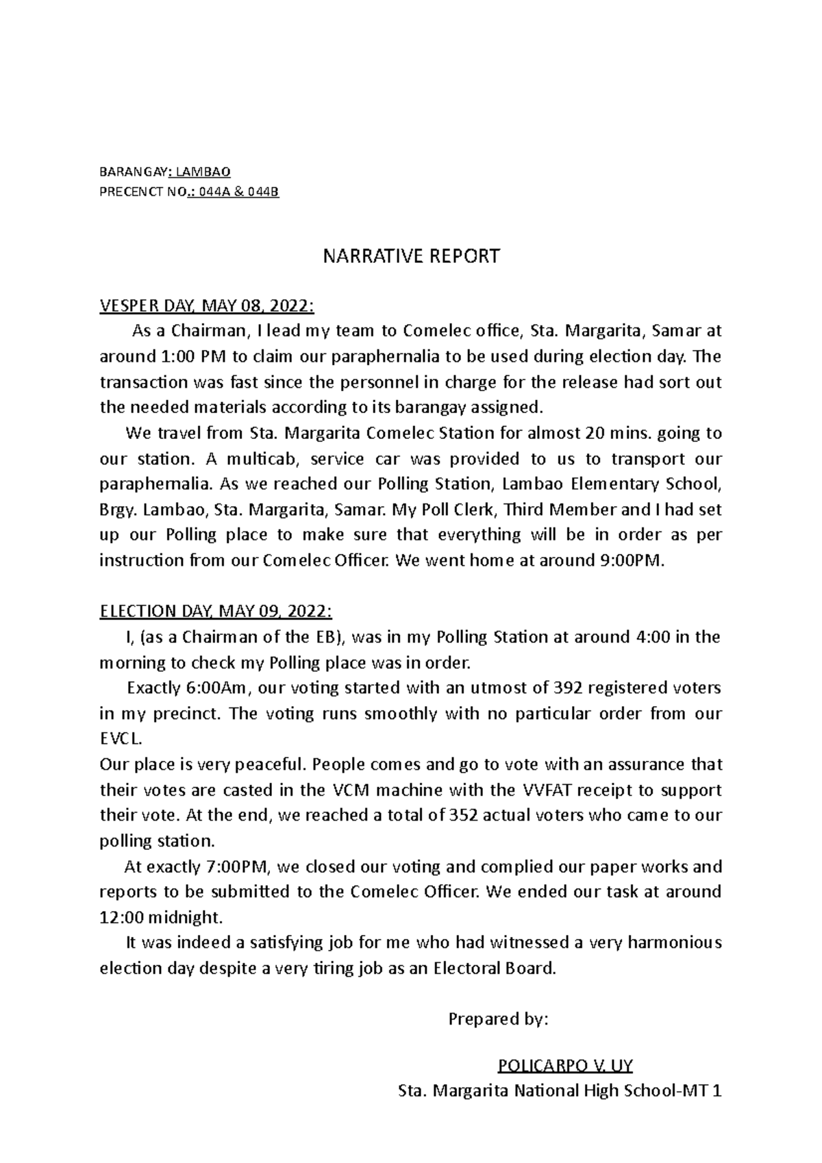 Narrative- Comelec - uploads - BARANGAY: LAMBAO PRECENCT NO.: 044A ...