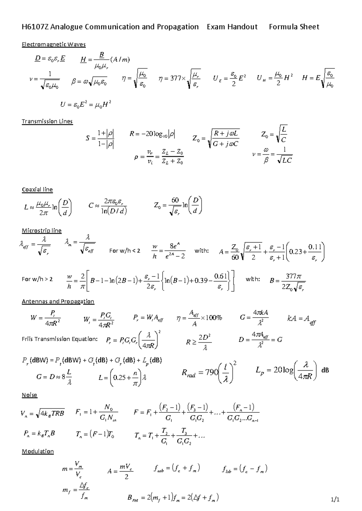 H6107 Z Formula Sheet 2023 - H6107Z Analogue Communication and Propagation Exam Handout Formula ...