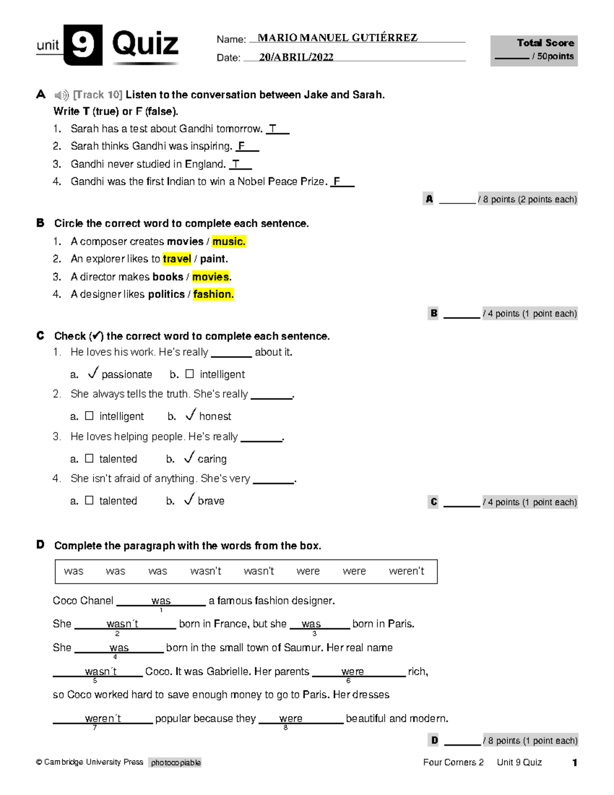 Four Corners Second Edition Level 2 Q09 - © Cambridge University Press ...