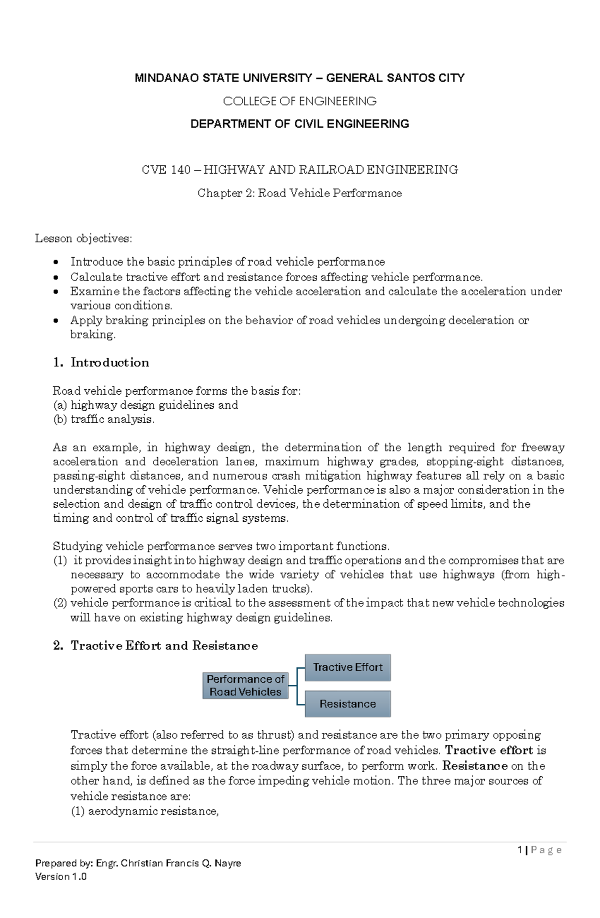 Chapter 2 ROAD Vehicle Performance - 1 | P a g e Prepared by: Engr ...