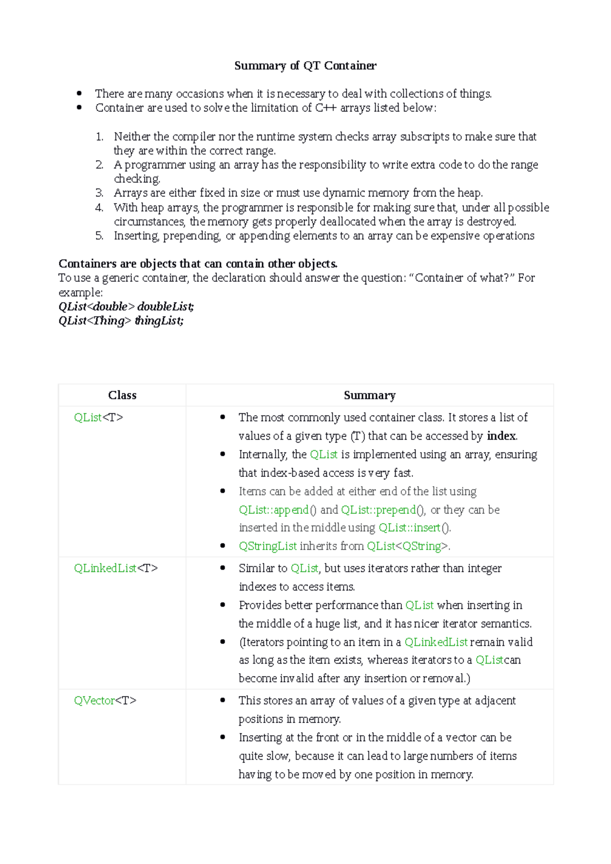 Containers Summary - Summary of QT Container There are many occasions ...