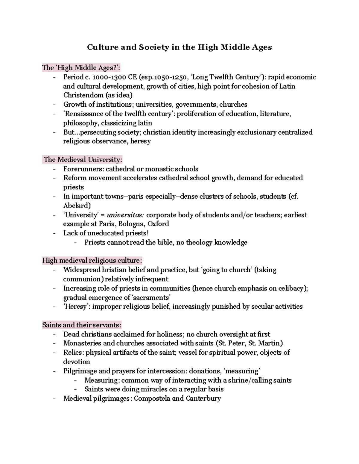 Culture and Society in the High Middle Ages - 1000-1300 CE (esp-1250 ...