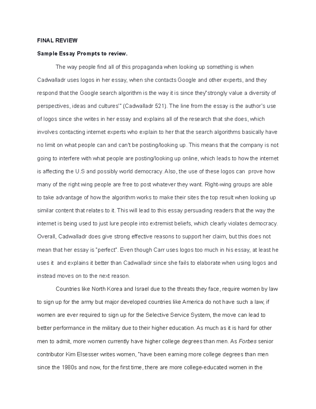 ENG-1000 Final Review 2 - FINAL REVIEW Sample Essay Prompts to review ...