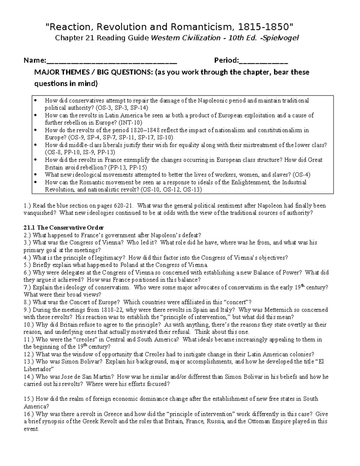 Ch21 reading guide rcqs - "Reaction, Revolution and Romanticism, 1815 ...