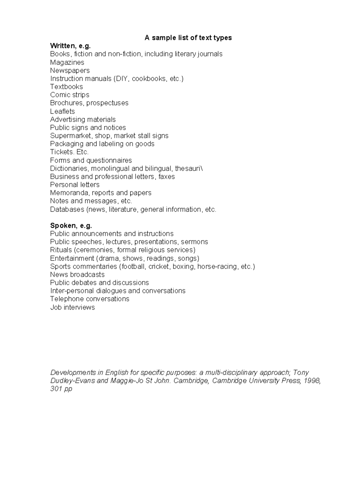 A sample list of text types - A sample list of text types Written, e ...