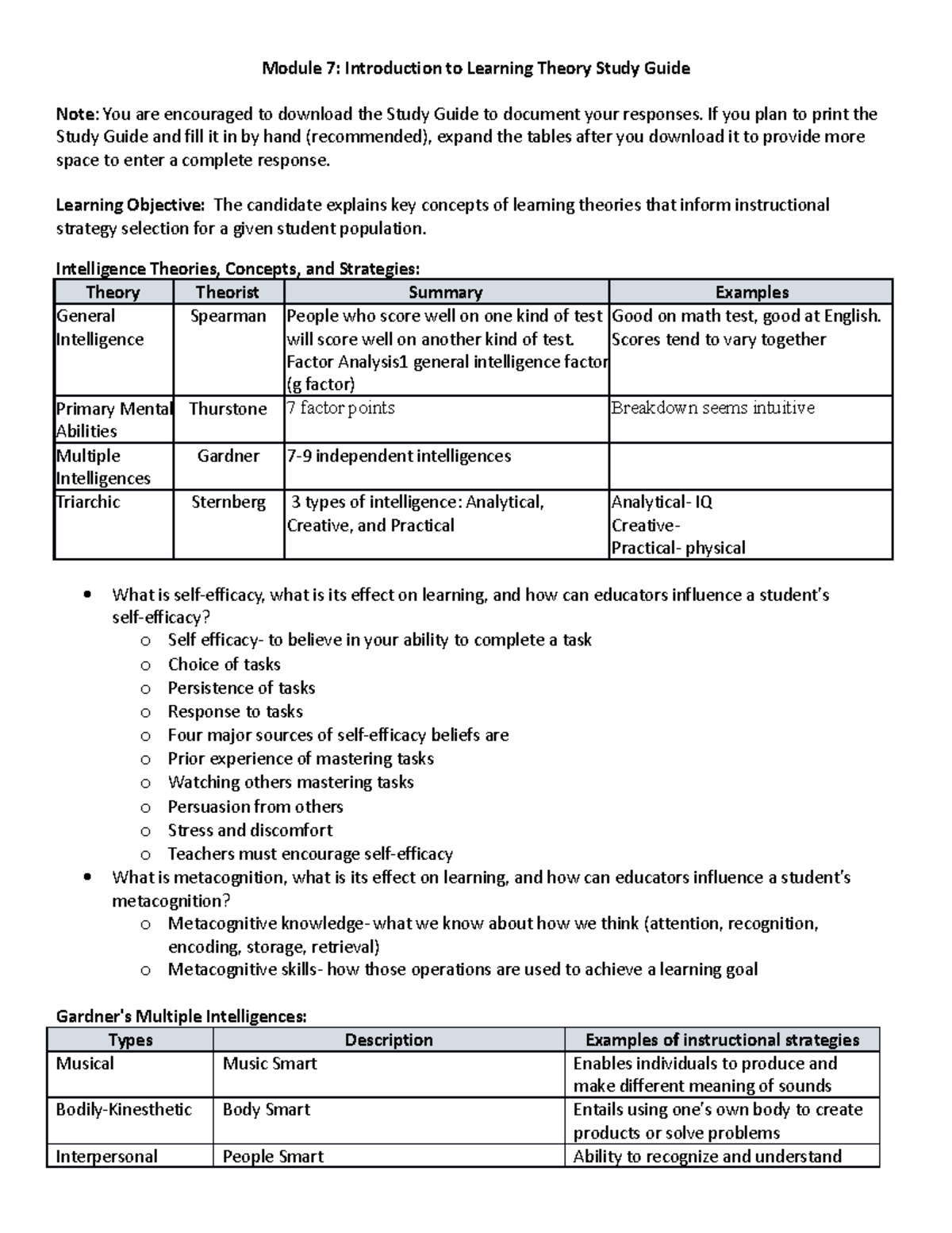 Stg 7 - study guide - Module 7: Introduction to Learning Theory Study ...