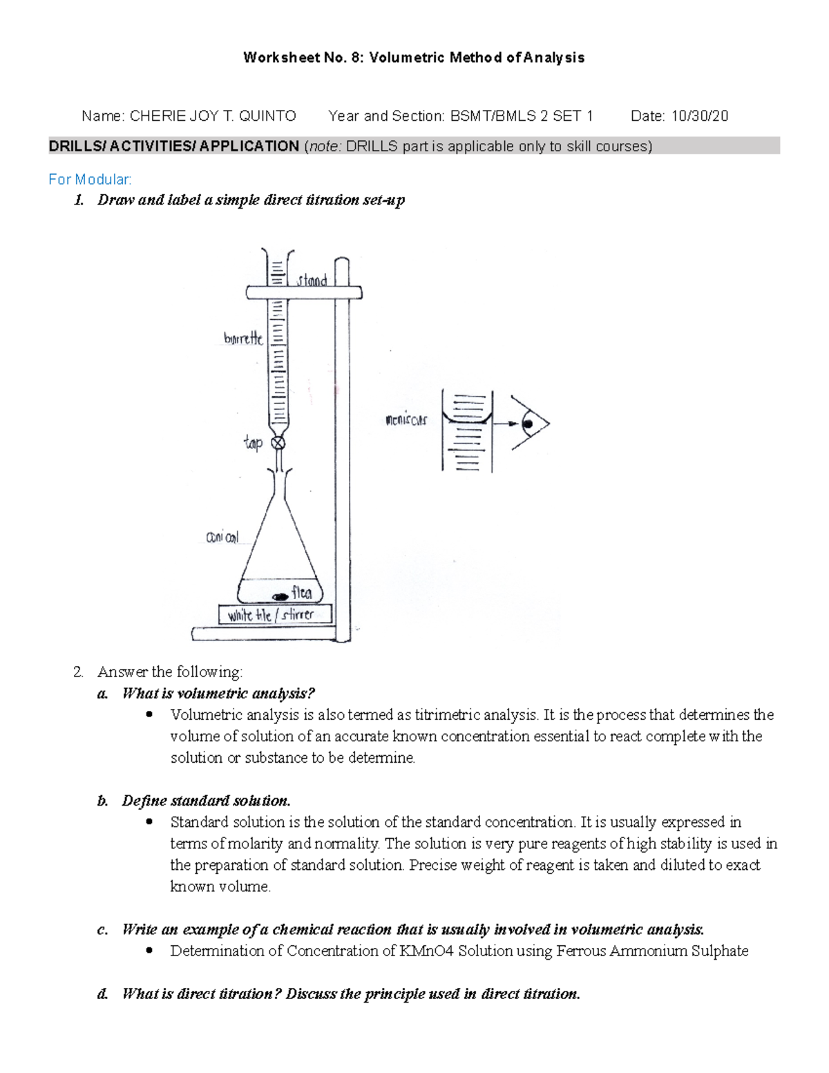 Quinto, Worksheet No.8 Anal Chem (laboratory) - Worksheet No. 8 ...