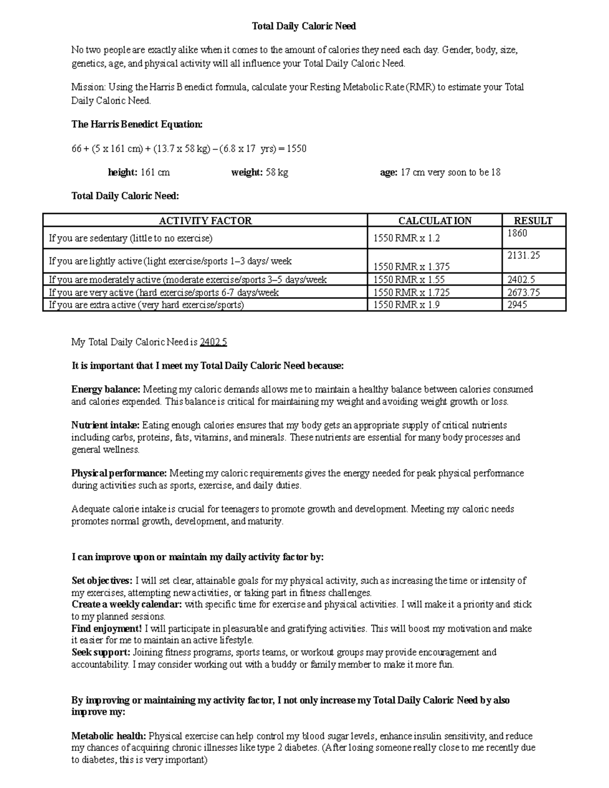 Assignment 11 PART 7 Total Daily Caloric Need Worksheet - Total Daily ...