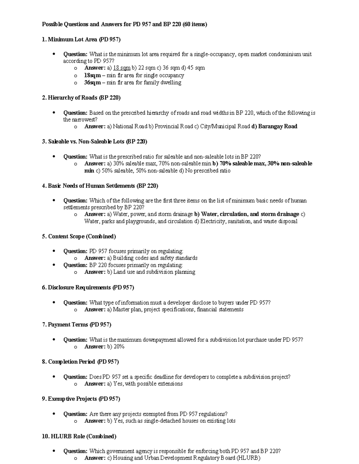 Possible Questions and Answers for PD 957 and BP 220 - Non-Saleable ...