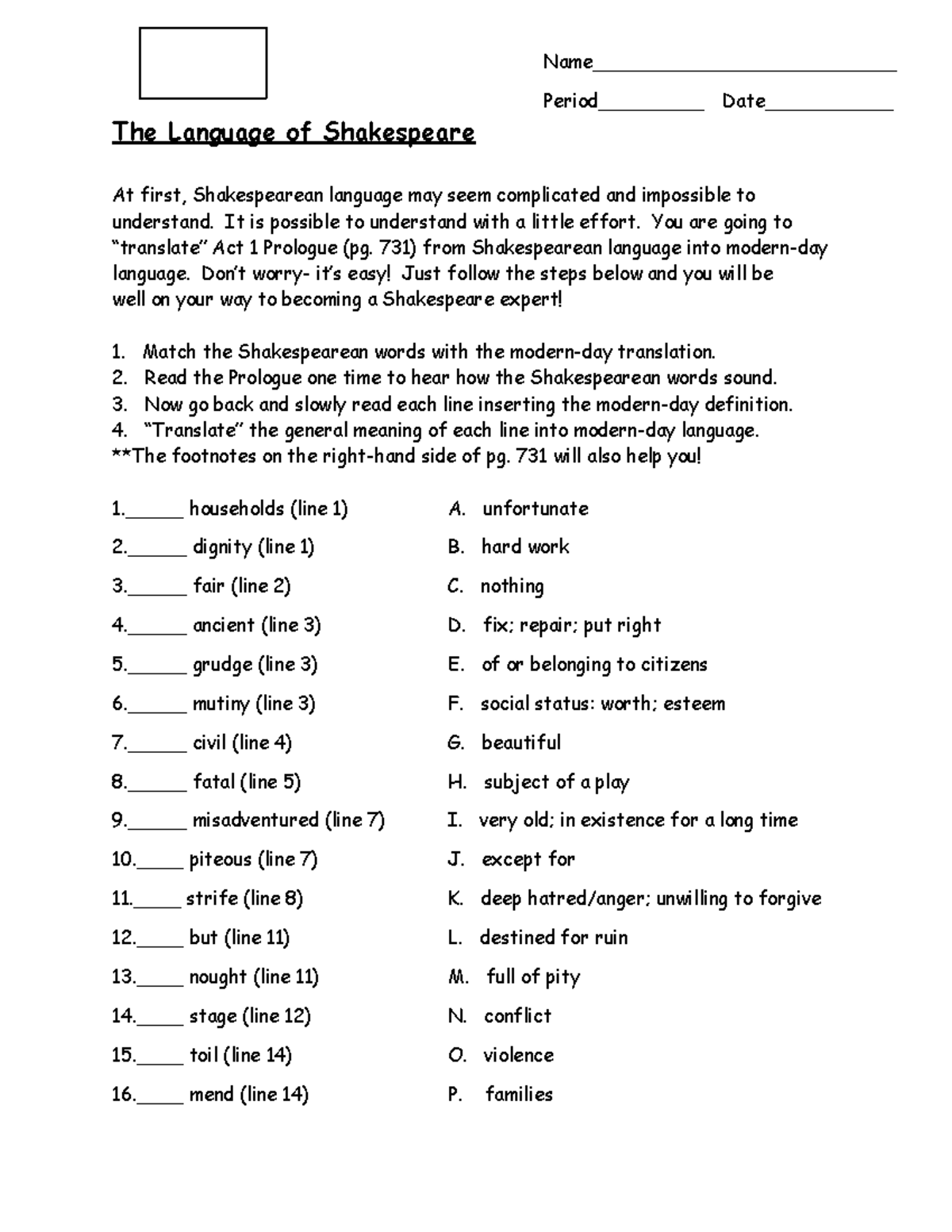 Act 1 prologue translation 3 - The Language of Shakespeare At first ...