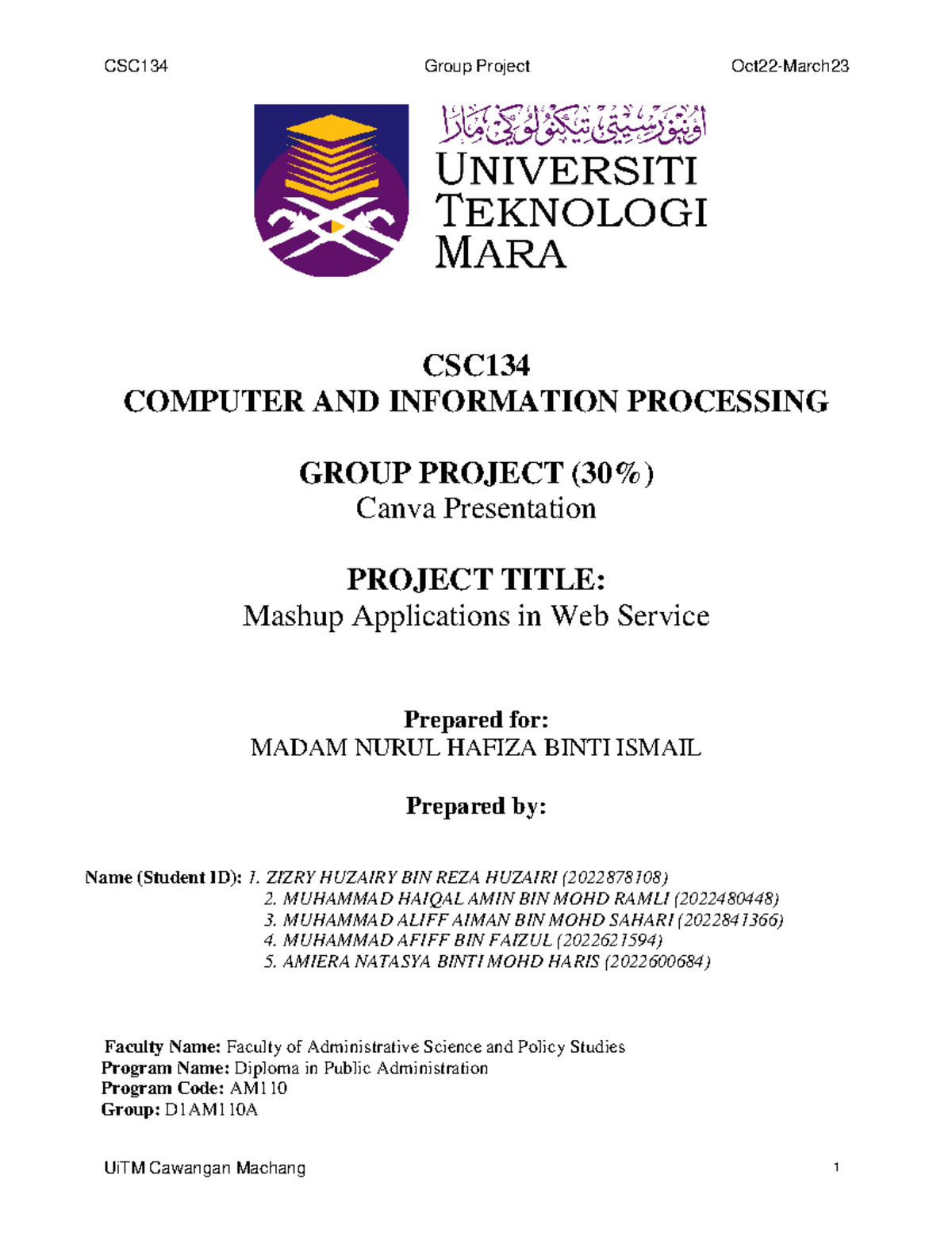 CSC134 Muhammad Aliff Aiman BIN MOHD Sahari 2022841366 Report Group 5 ...