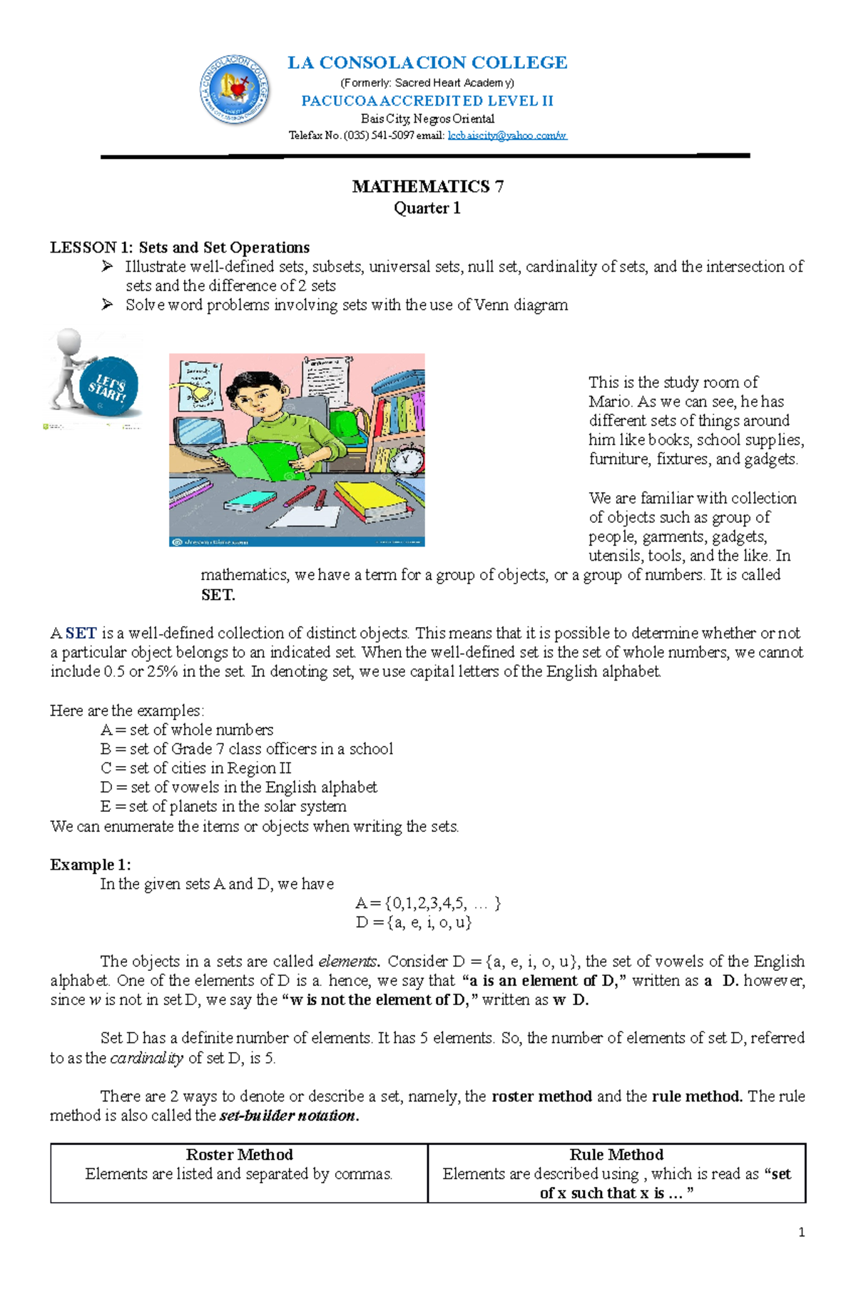 Math 7 - Sets and Set Operations - LA CONSOLACION COLLEGE (Formerly ...