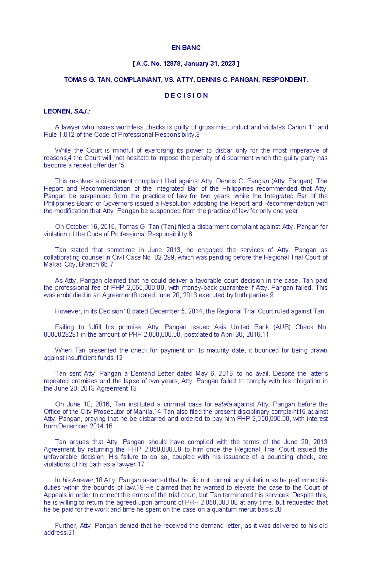 Tomas TAN VS ATTY Dennis Pangan - EN BANC [ A. No. 12878, January 31 ...