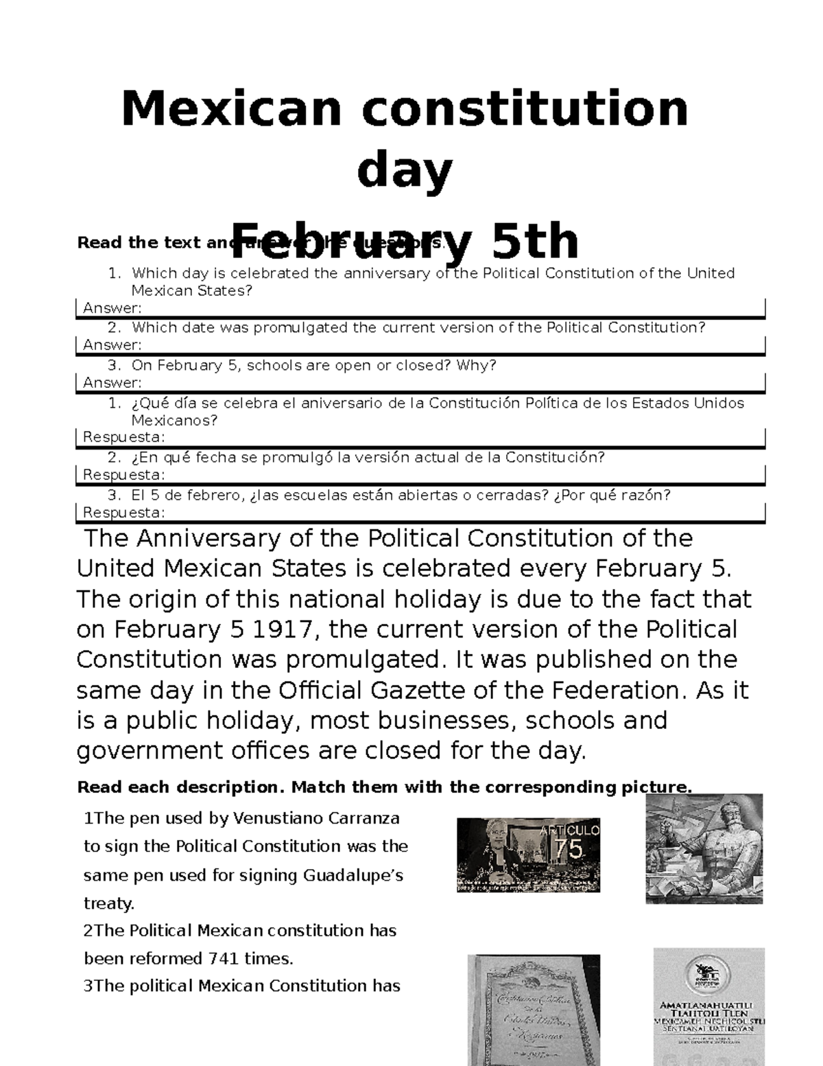 Mexican constitution day - Read the text and answer the questions. 1 ...
