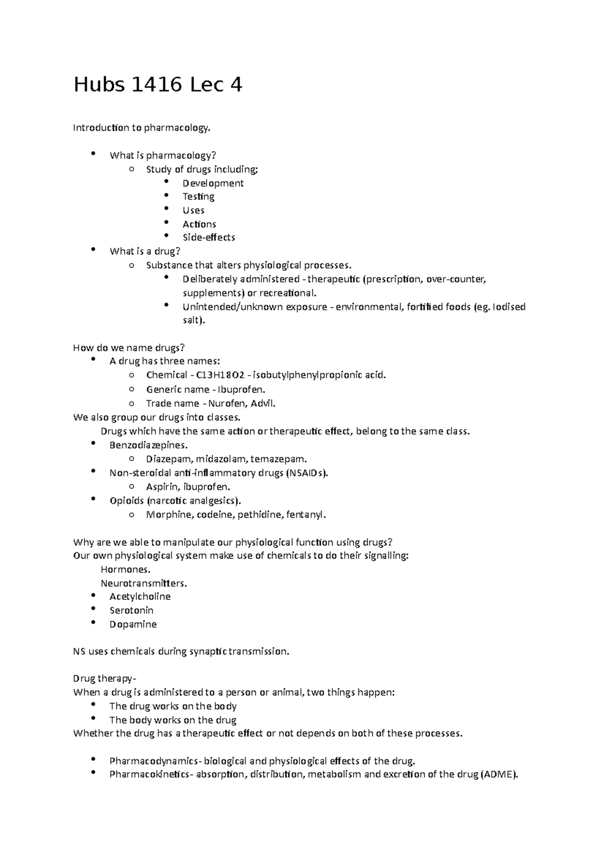Hubs 1416 Lec 4 - notes - Hubs 1416 Lec 4 Introduction to pharmacology ...