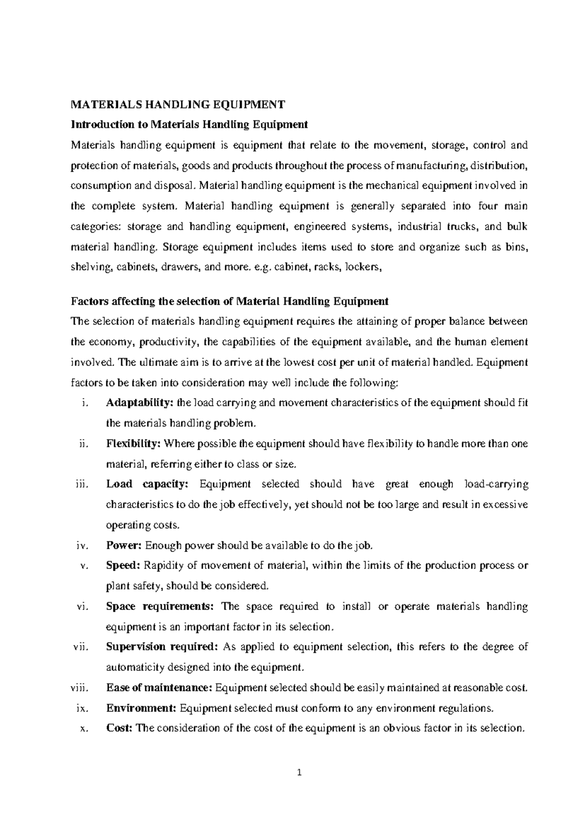 Materials Handling Equipment- Supplementary Notes - 1 MATERIALS ...