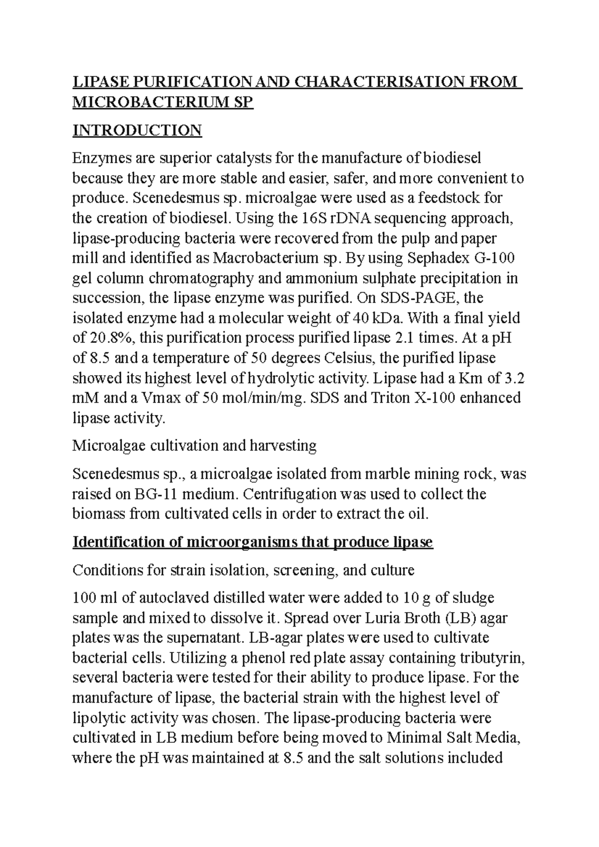 Lipase Purification AND Characterisation FROM Microbacterium SP ...