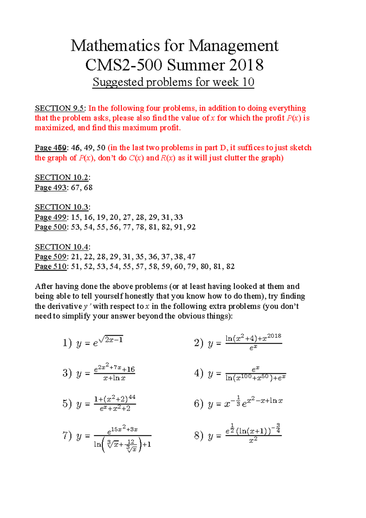 Problem Set10 CMS2 500 - Mathematics for Management CMS2-500 Summer ...