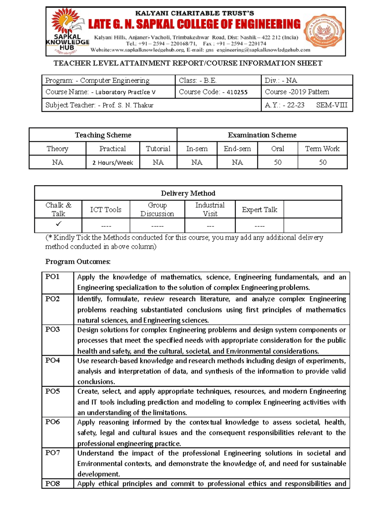 LP 5 final - lab practice - TEACHER LEVEL ATTAINMENT REPORT/COURSE INFORMATION SHEET Program ...