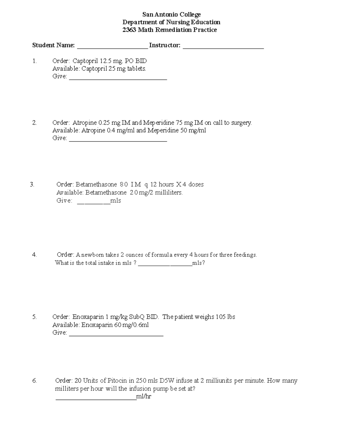 Math - MATH PRACTICE - San Antonio College Department of Nursing ...