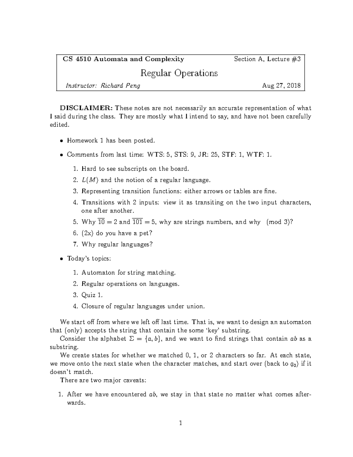 FA18 Aug27 Regular Operations - CS 4510 Automata and Complexity Section A, Lecture # Regular ...